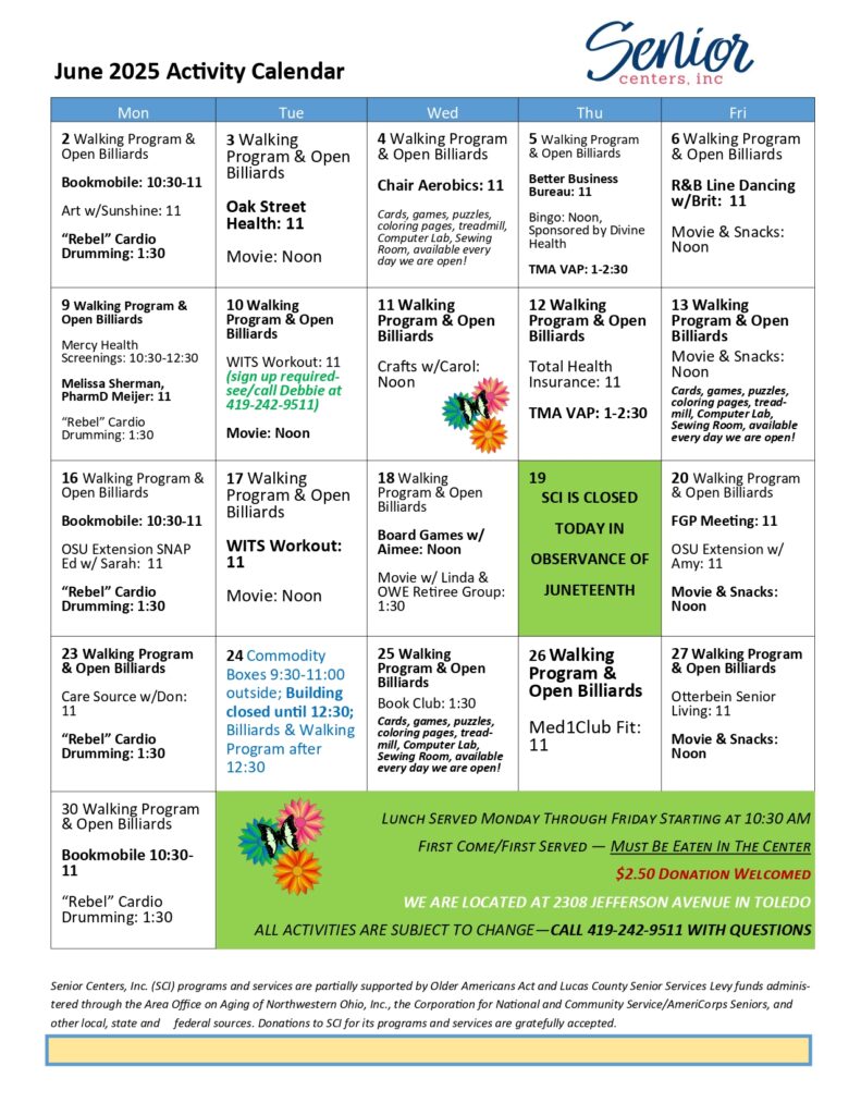 June 2025 Activity Calendar – Senior Centers, Inc. – Senior Centers, Inc.
